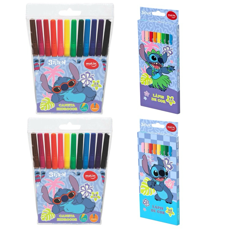 Kit Escolar do Stitch com 12 Lápis de Cor + 12 Canetinhas Hidrocor ...