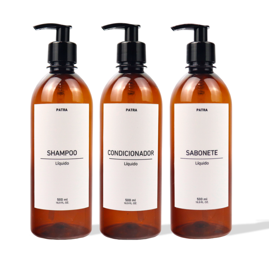 kit Banho Frasco Âmbar 3pçs Shampoo Condicionador e Sabonete líquido ...
