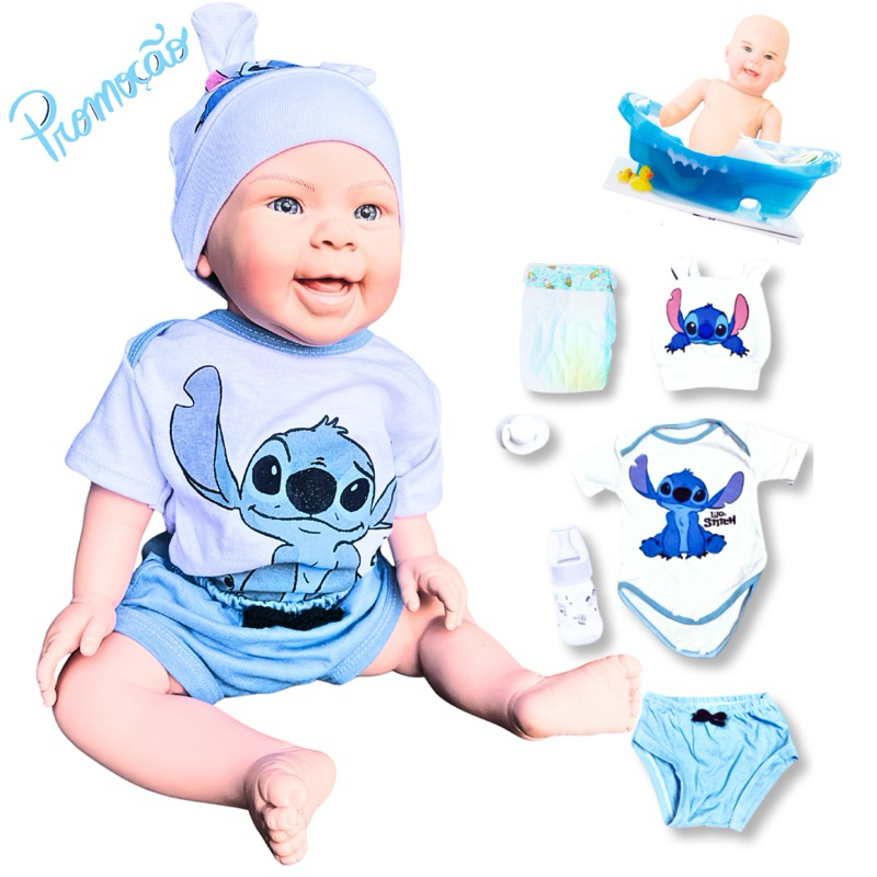 Bebê Reborn Realista Menino Stitch Silicone Original com Acessórios ...