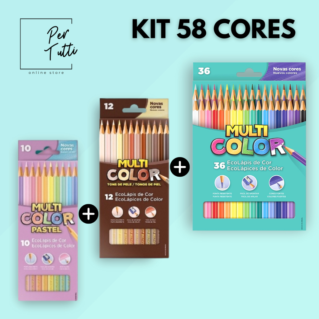 Lápis de cor 58 Cores - Multicolor - cores básicas + tons pastéis + cor ...