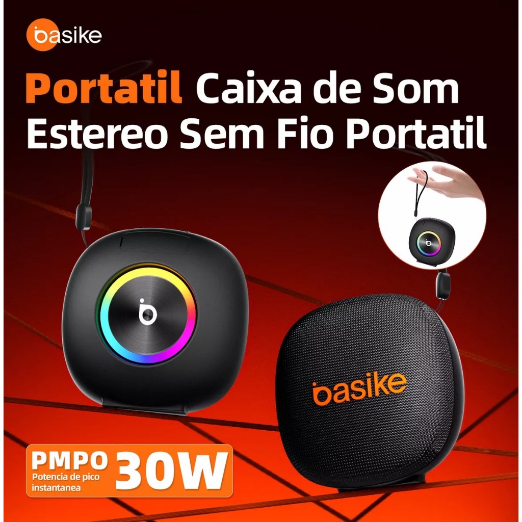 Basike Caixa de Som Portátil Bluetooth TWS 1+1 com RGB, IPX6, 25 Horas ...