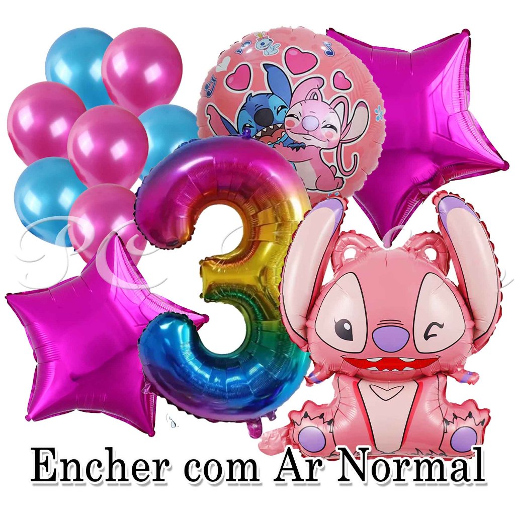 12 Balão Metalizado 2 LILO STITCH ANGEL + BEXIGA 4 PINK 3 AZUL 2 ...