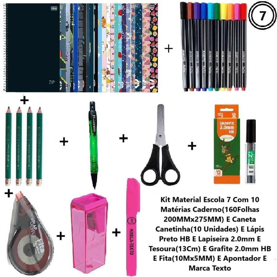 Kit Material Escola 7 Com Caderno E Marcador E Lapiseira E Grafite E ...