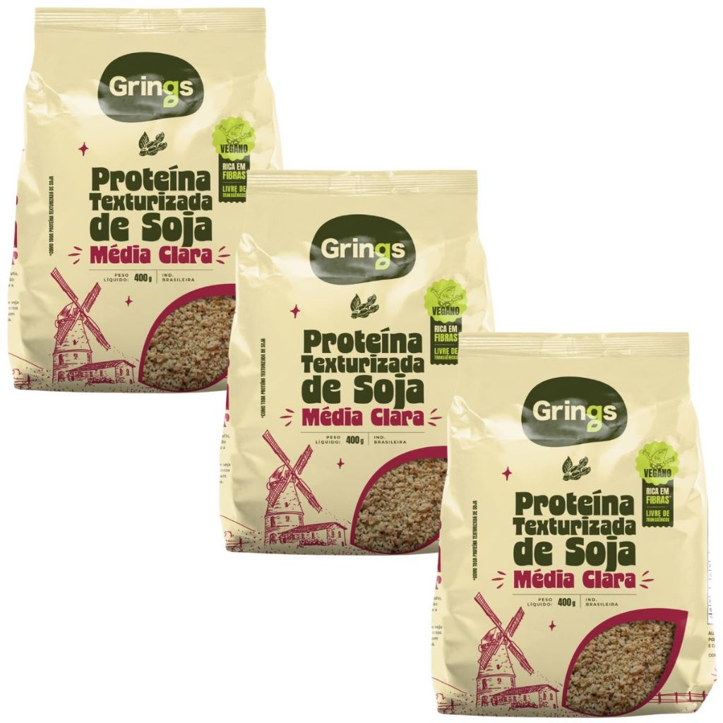 Kit 3 Proteína de Soja Média Clara Texturizada 400g Vegano - Grings ...