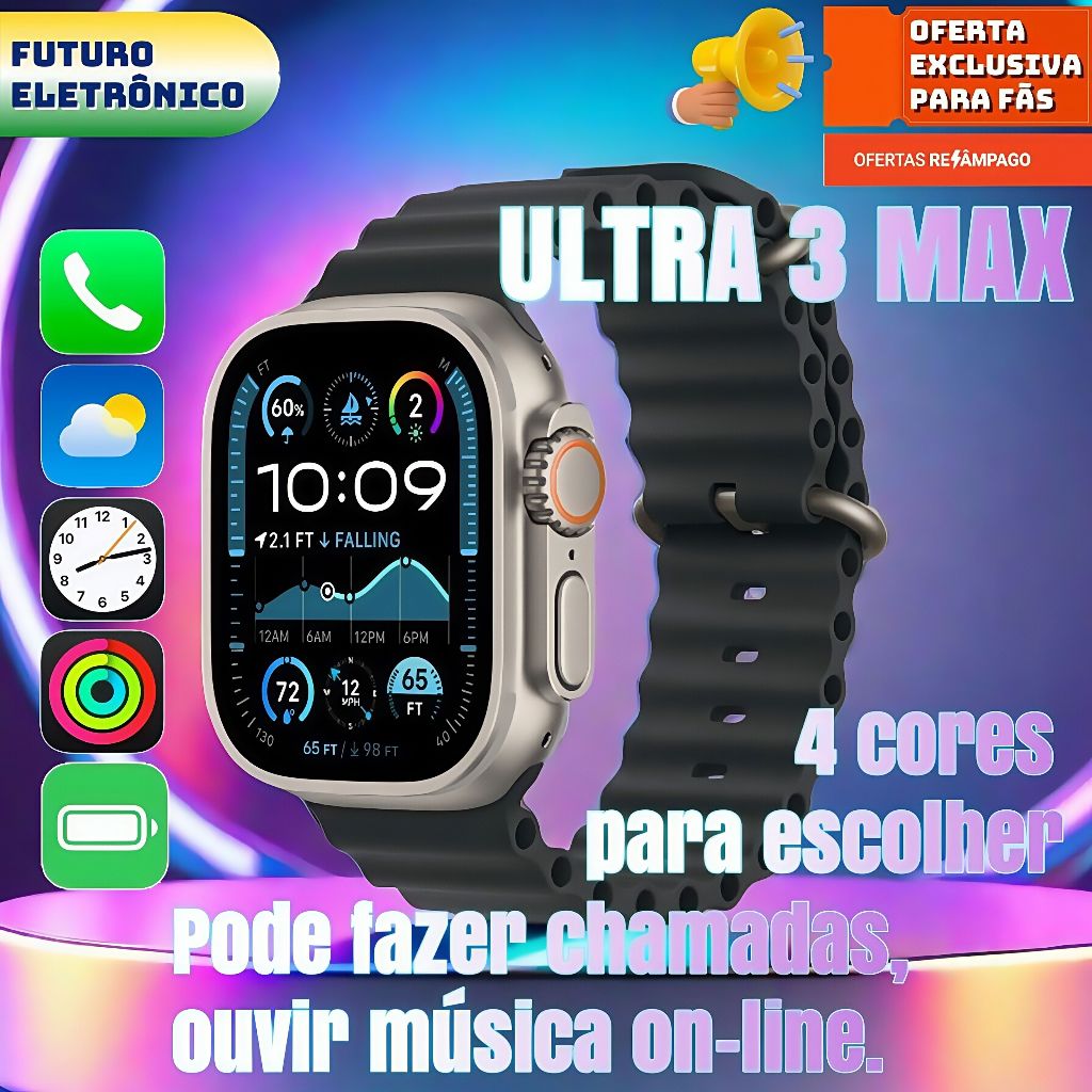 Relógio Original Ultra3 Max Smart Series SOS NFC ECG Bluetooth Super ...