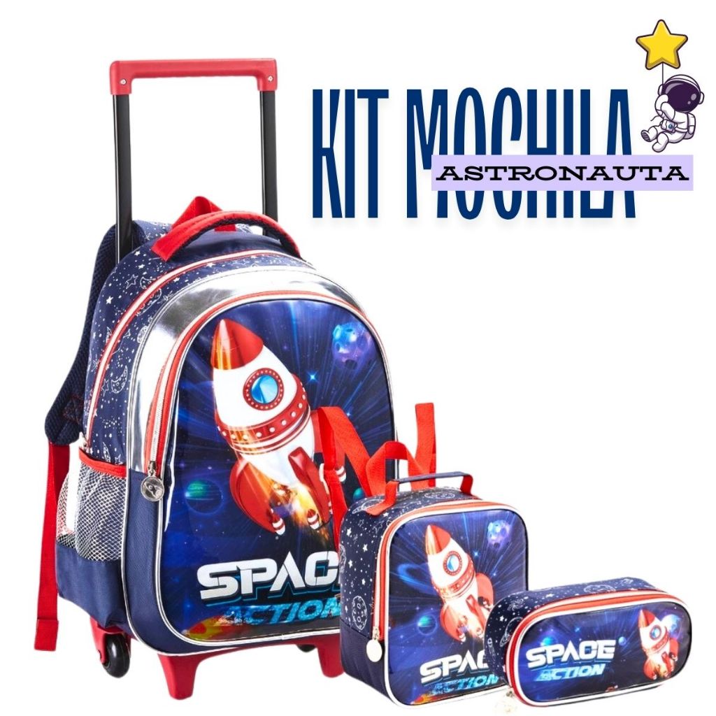 Kit Mochila Escolar Infantil 2 Em 1 Astronauta Com e Sem Rodinhas ...