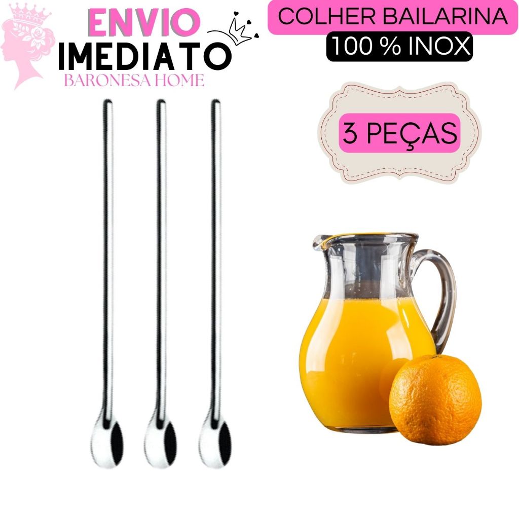 KIT 3 Colher Bailarina Colher de Suco Drinks Milkshake Colher Comprida ...