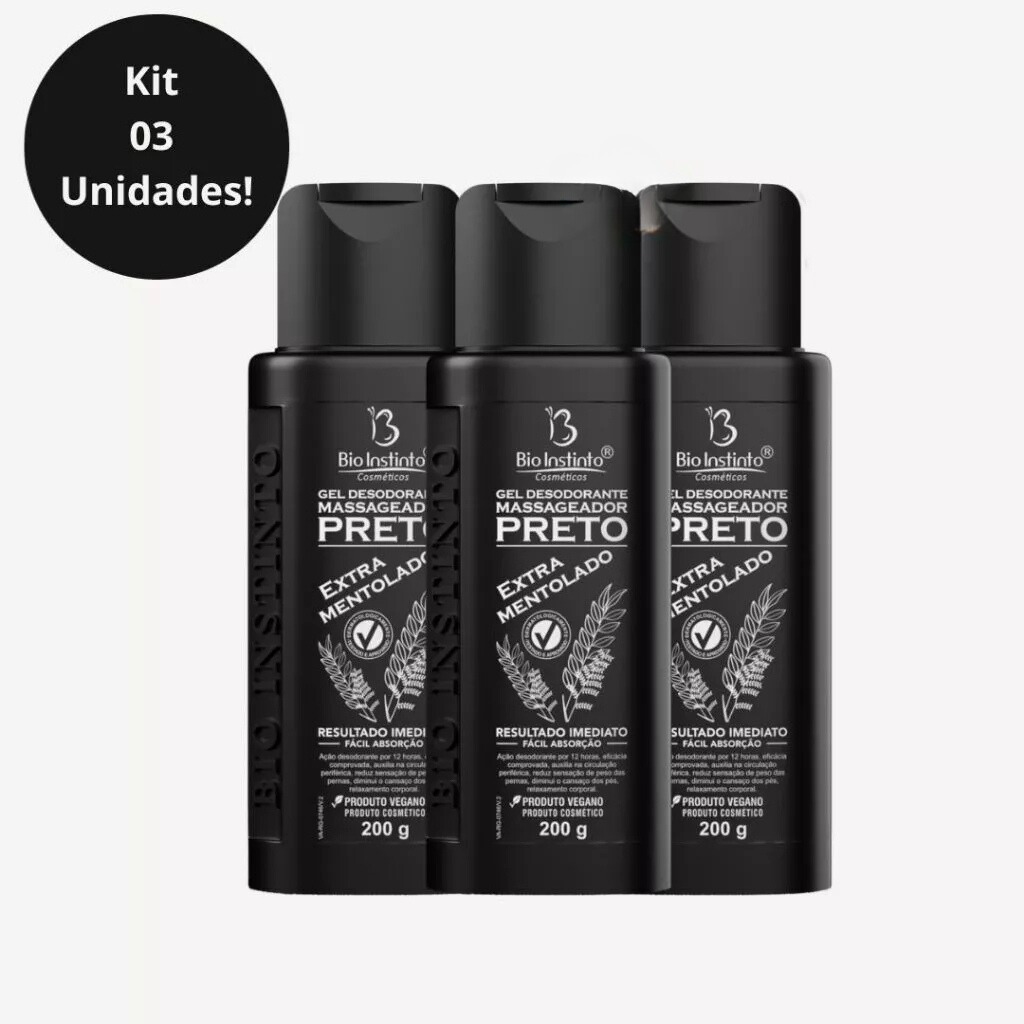 Kit 3 Unidades Gel Massageador Preto Extra Mentolado 200g Bio Instinto ...