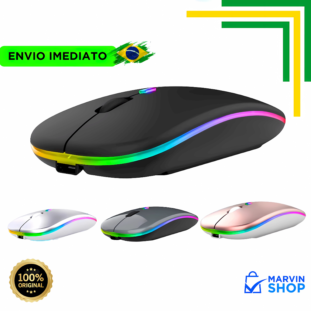 Mouse sem Fio Wireless Bluetooth Recarregável Led Rgb 2,4GHz Bateria Interna Ergonômico ...