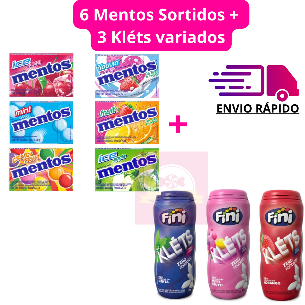 Kit 6 Balas Drops Mentos Sabores Variados Mastigável 24g + 3 Chicletes ...