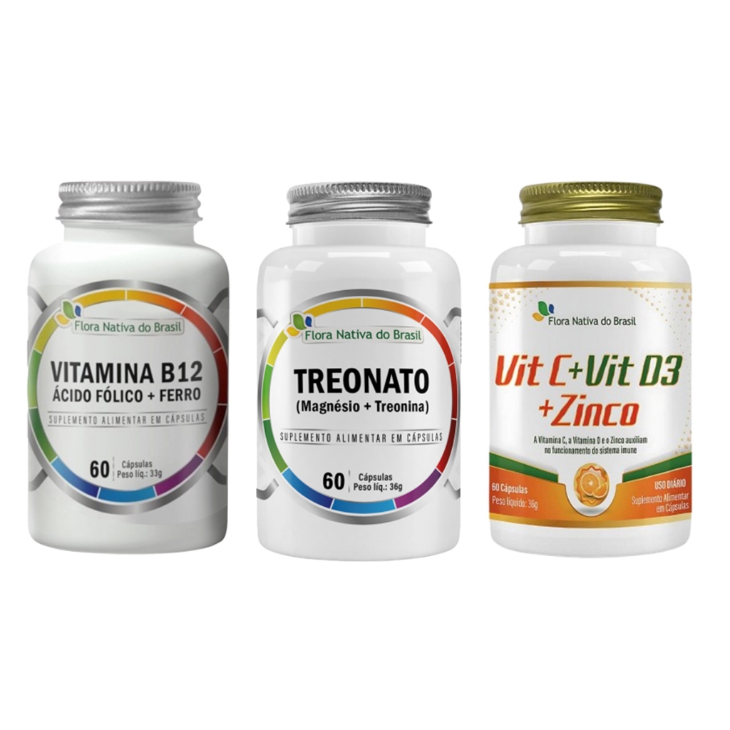 Kit Ferro, Ácido Fólico E Vitamina B12 60 Caps + Magnésio L Treonato 60 Caps + Vit C + Vit D ...