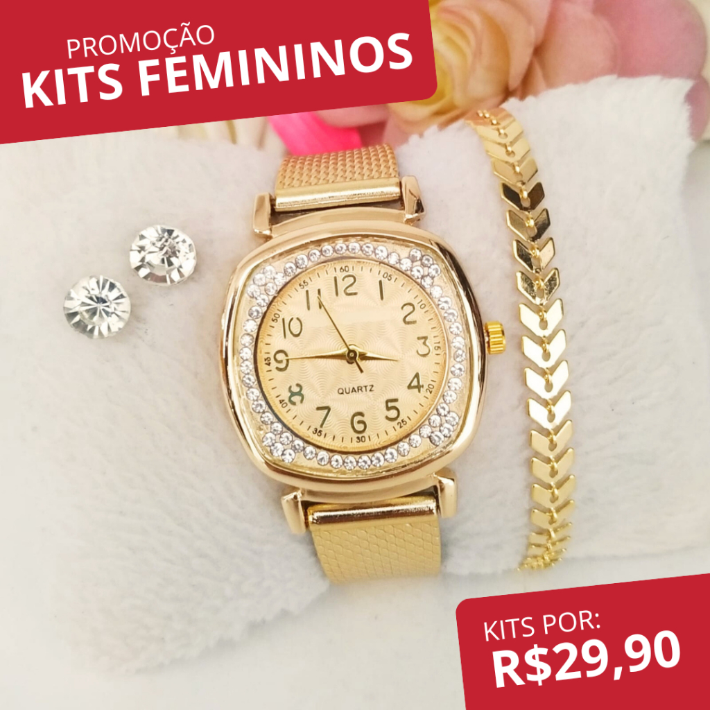 Kit Relógio Feminino Pulseira folheada brincos moda evangelica ...