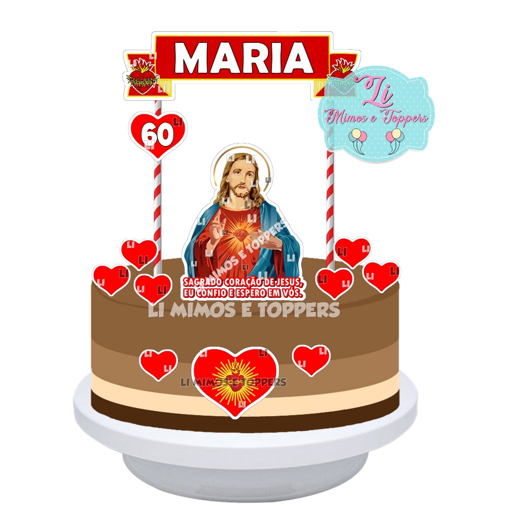 Topper Topo de Bolo Sagrado Coração de Jesus Personalizado - Católico ...
