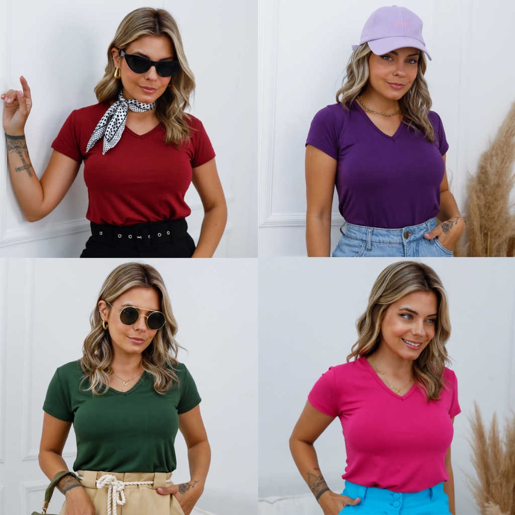 kit 4 Blusas Feminina Viscose Gola V Manga Curta Básica Casual | Shopee ...