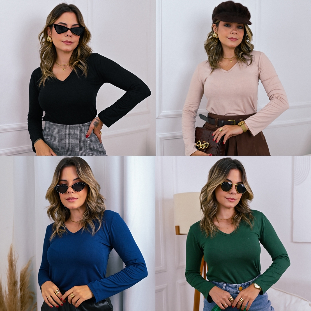 Kit 4 Blusas Femininas Viscose Gola V Manga Longa Básico Casual ...