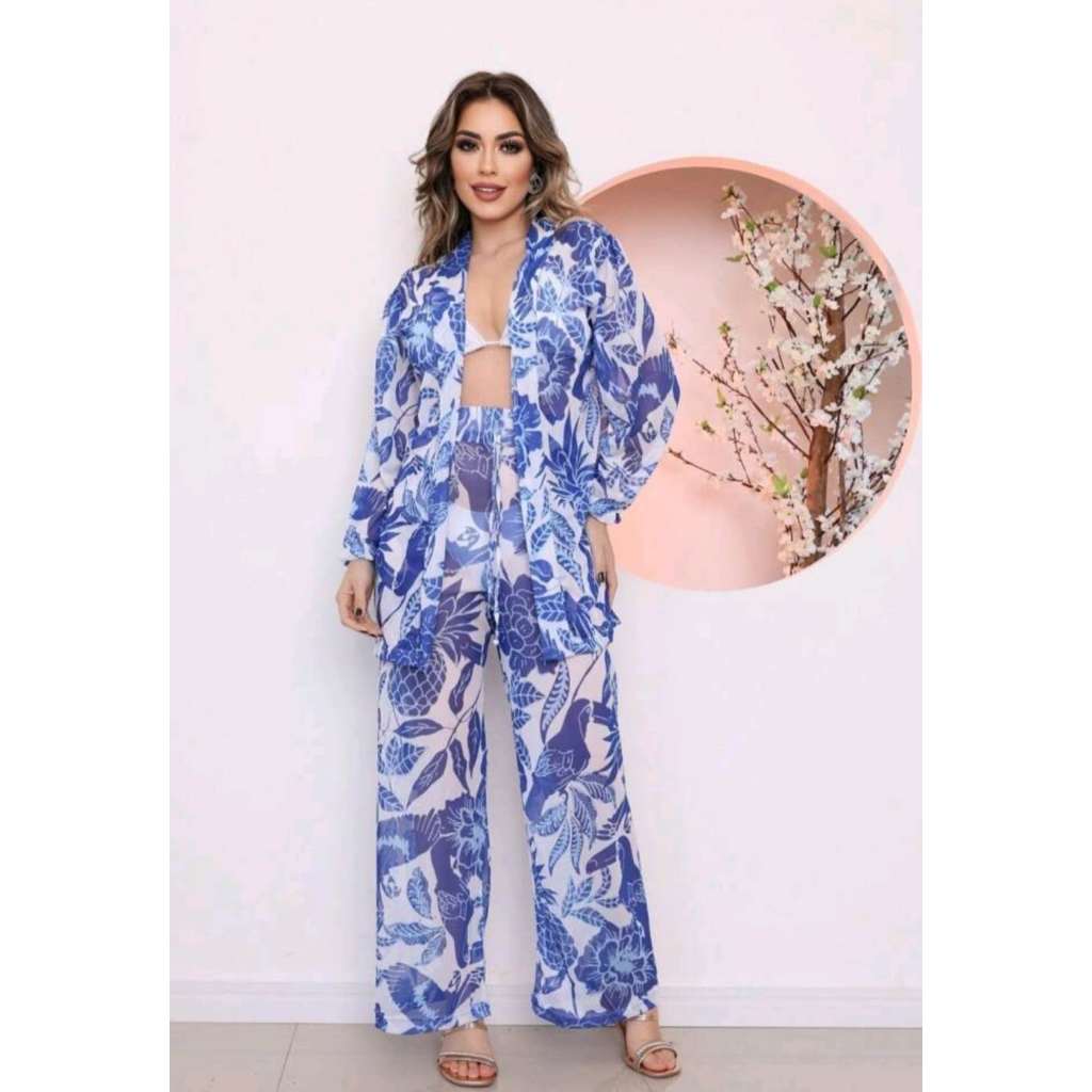 Conjunto de praia saia de praia tule estampado blusa e calça feminina ...