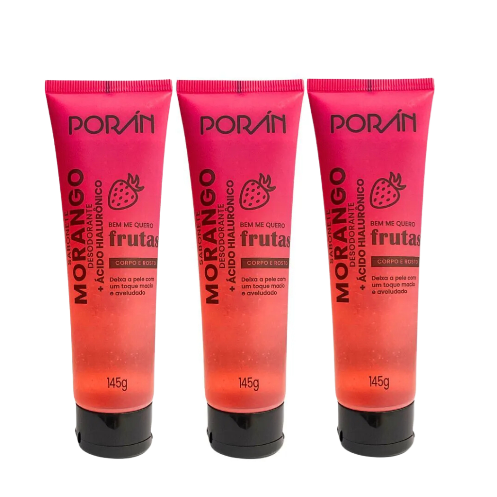 Sabonete Bisnaga Morango + Ácido Hialurônico 145g Porán KIT COM 3 ...