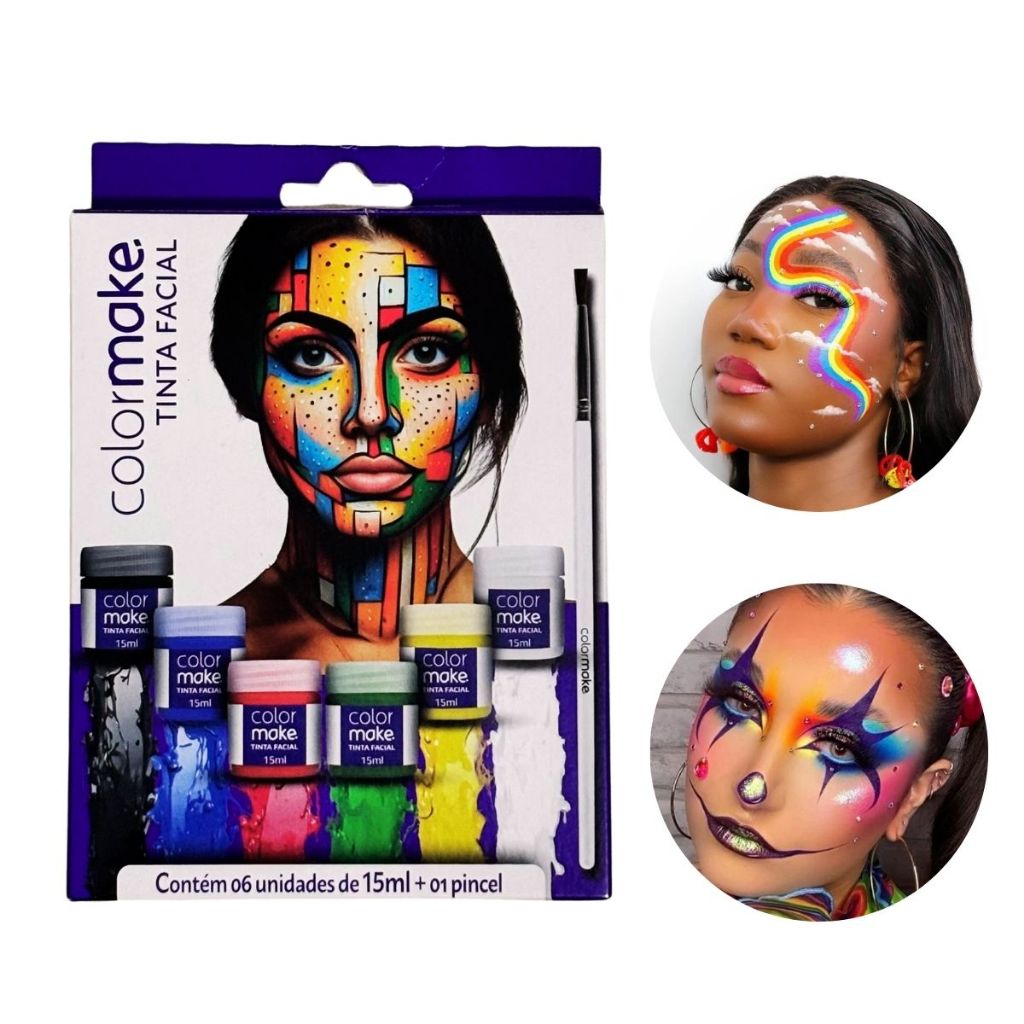 Kit Tinta Facial Rosto Líquida Color Make 6 Cores + Pincel Carnaval ...