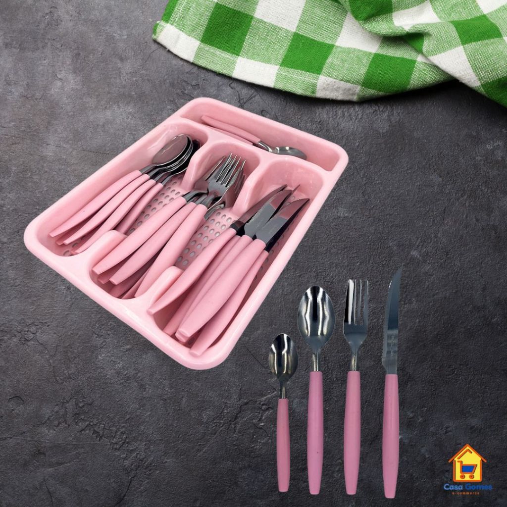 Jogo De Talheres Faqueiro Aço Inox com 24 Peças + Suporte Porta Talher ...