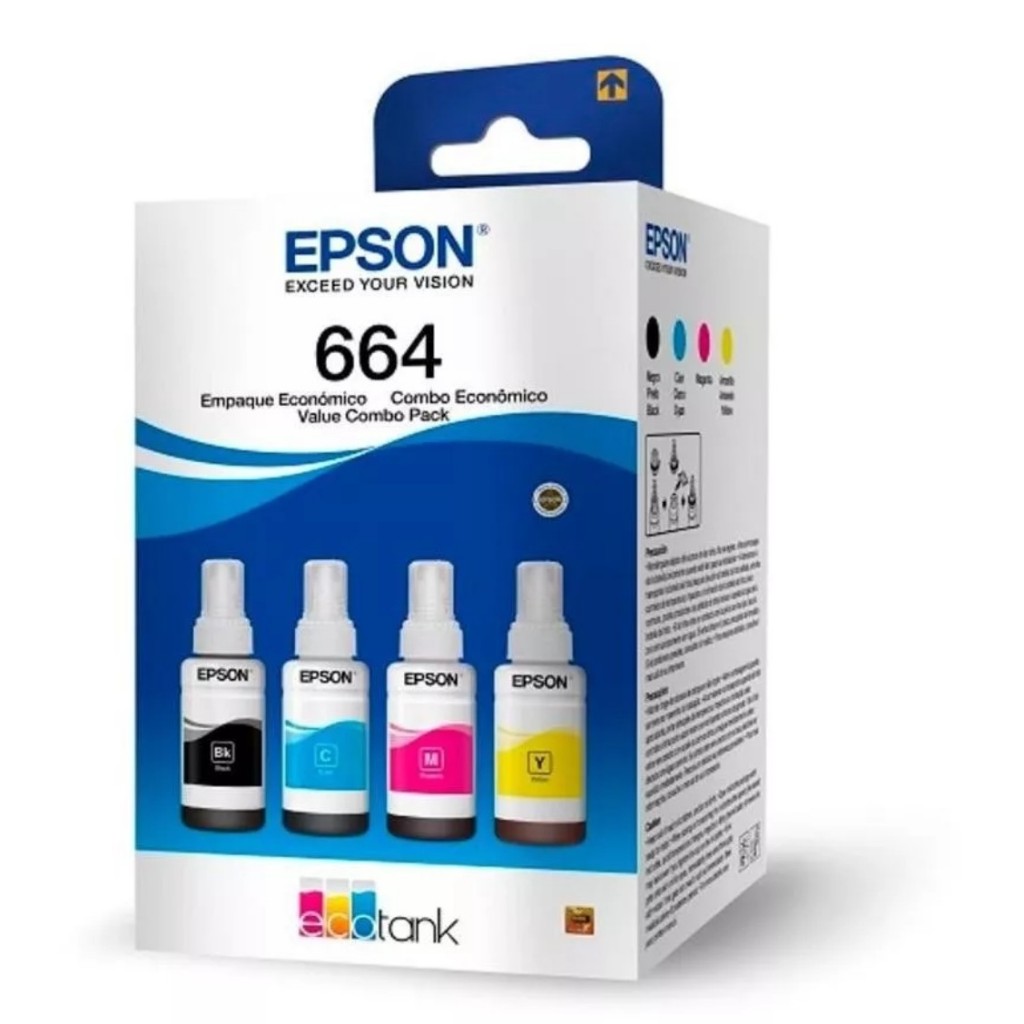 Kit 4 Refil Tinta T664 Epson L395 L380 L375 L220 L455 Original B Y C M | Shopee Brasil