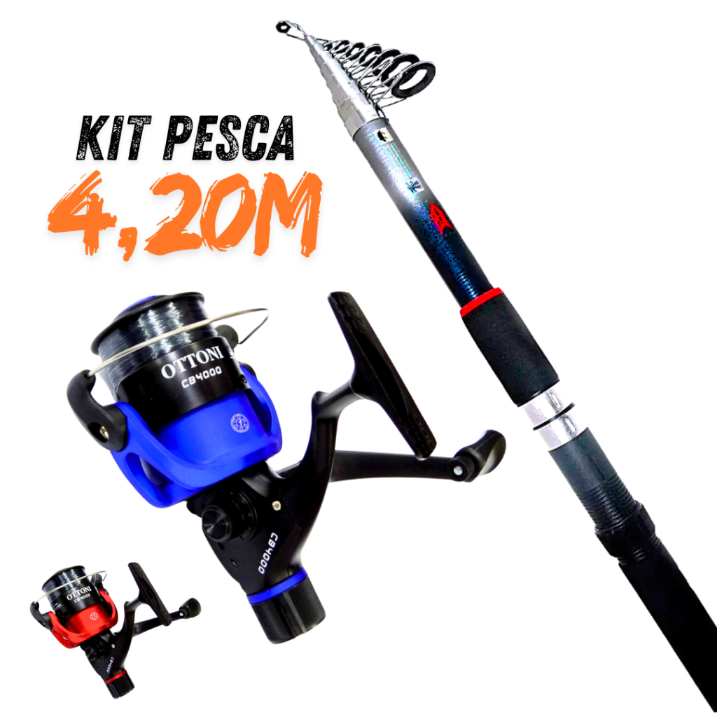 Kit de Pesca Completo Vara 4,20 metros Retrátil Resistente Molinete 4000 Grande Linha ...