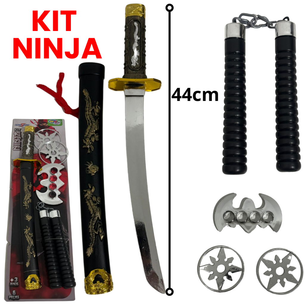 Kit Ninja Katana 44CM + Nunchaku + 2 Shurikens + 1 Punhal Ninja ...