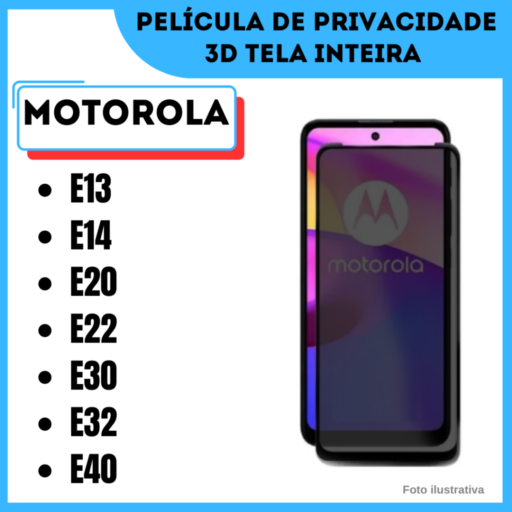 Película de Vidro de Privacidade para Motorola E13 / E14 / E20 / E22 / E30 / E32 / E40/ Película ...