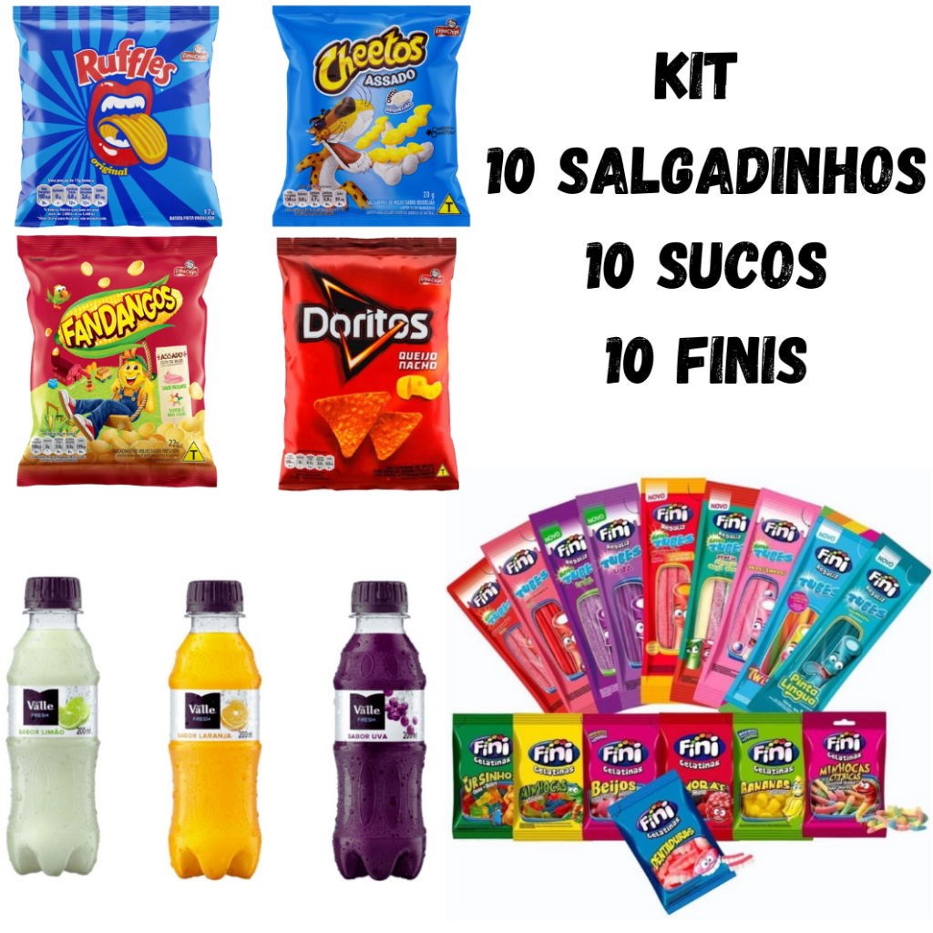 KIT 10 SALGADINHOS ELMA CHIPS + 10 SUCOS DEL VALLE + 10 FINIS SORTIDOS | Shopee Brasil