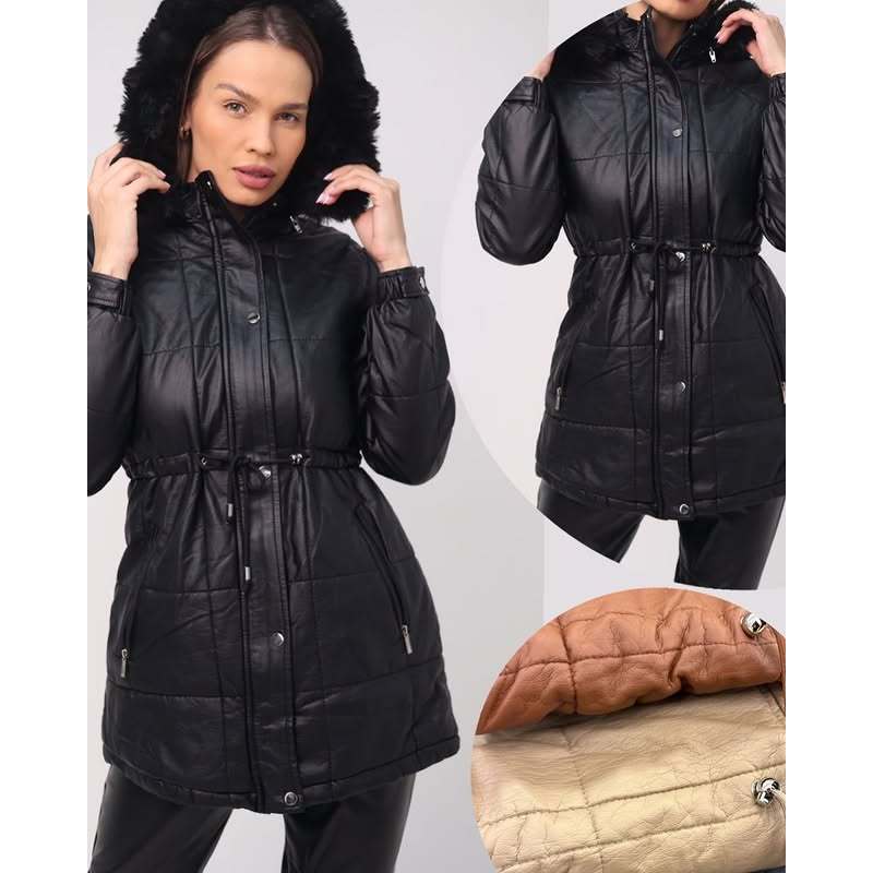 Parka couro feminina forrada com pelo jaqueta com capuz removível Bella ...