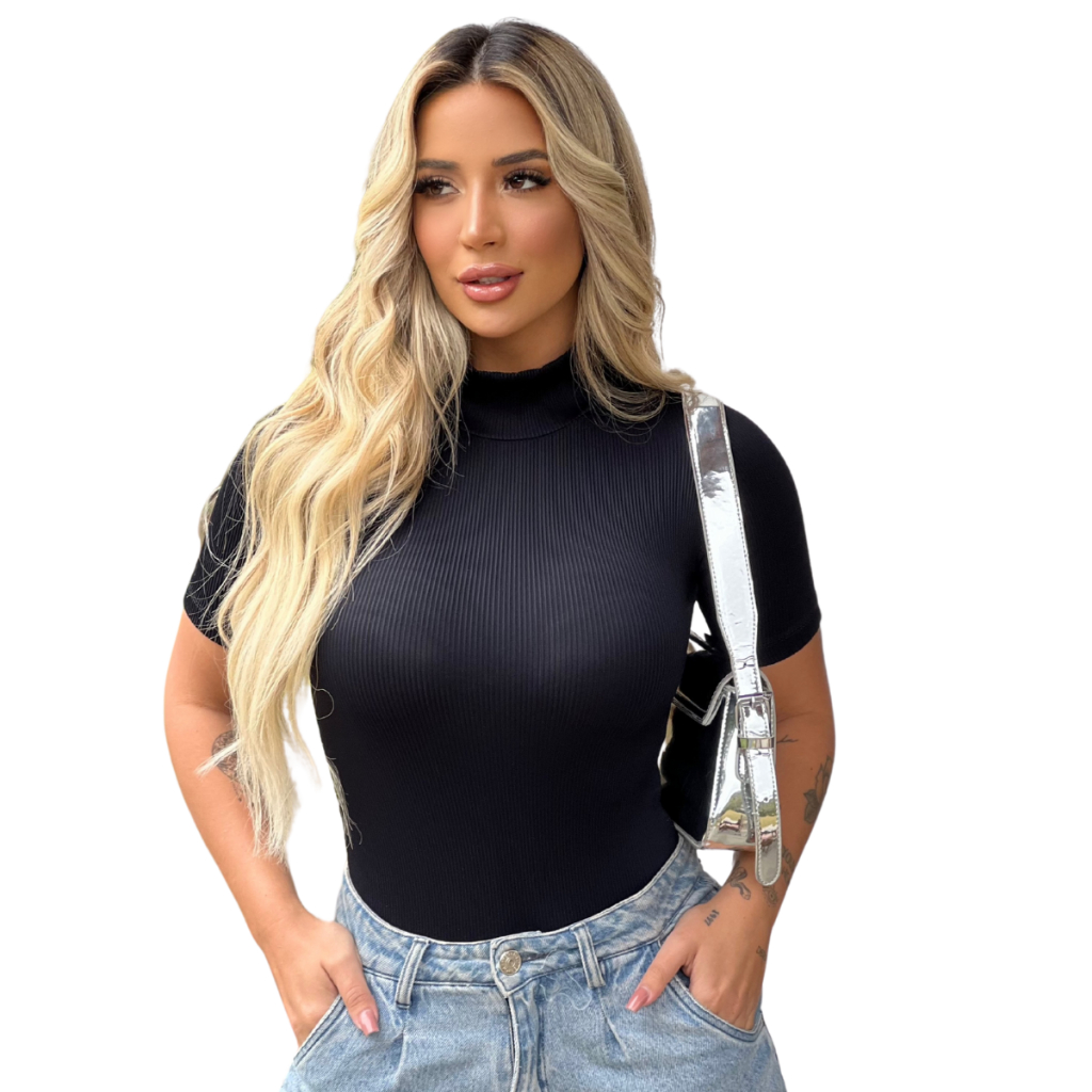 Cropie Body Blogueira Canelado Gola Alta Segunda Pele Cacharrel ...