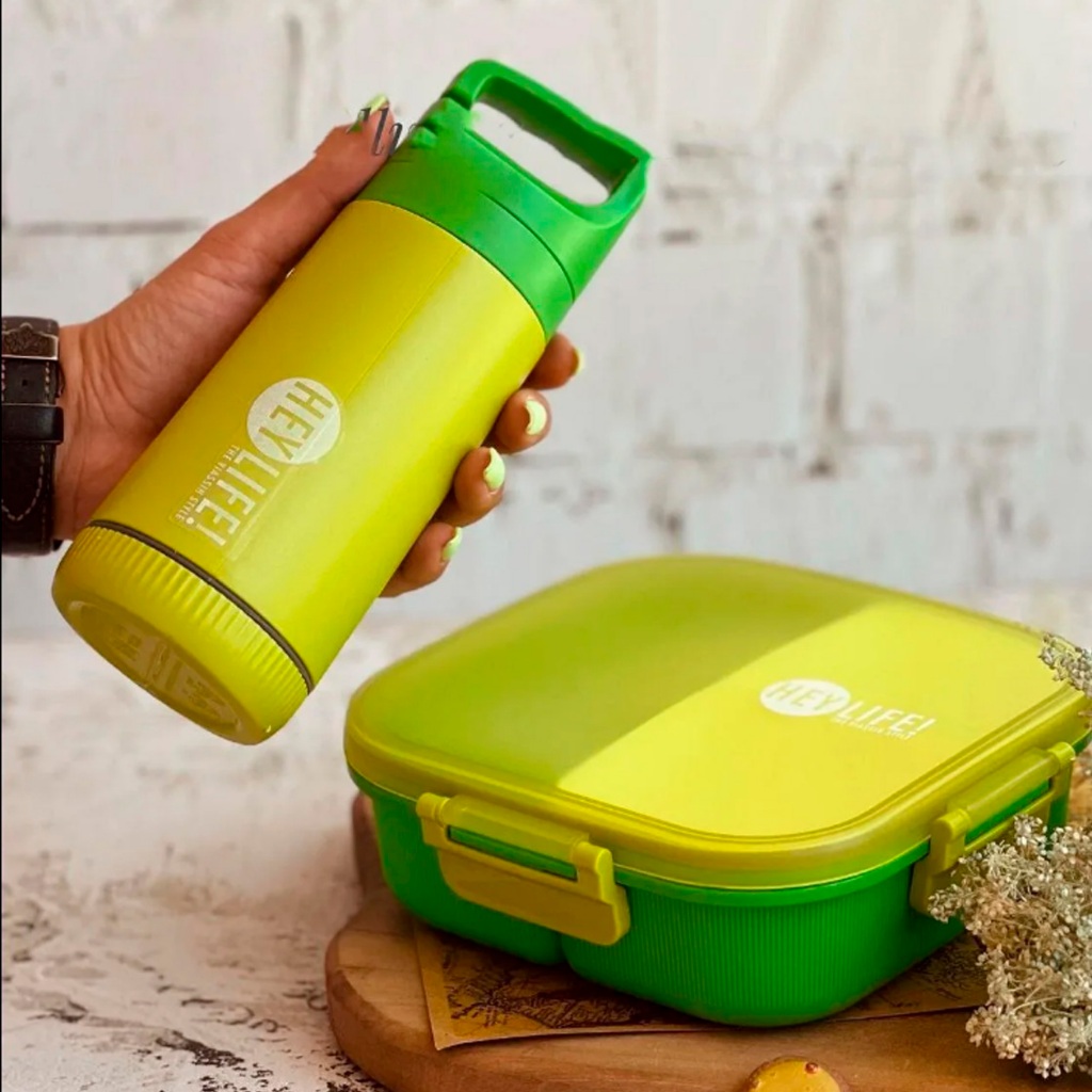 Kit Marmita Lancheira 900ml Divisória e Garrafa 350ml Com Talheres ...
