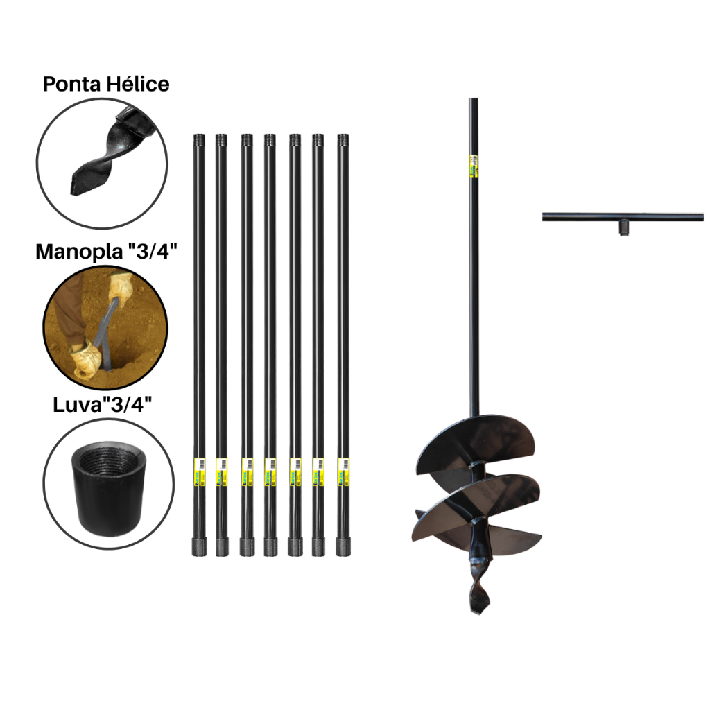 Cavadeira Trado Manual 15cm 4 Facas Cabo Fixo 1m + 7 Extensores De 1m ...