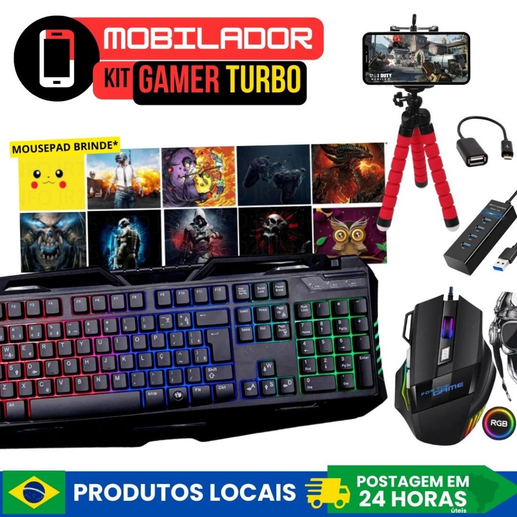 Kit Mobilador Gamer Turbo 6 Itens Para Celular Com Teclado Mouse Rgb Gamer Mouse pad com Tema ...