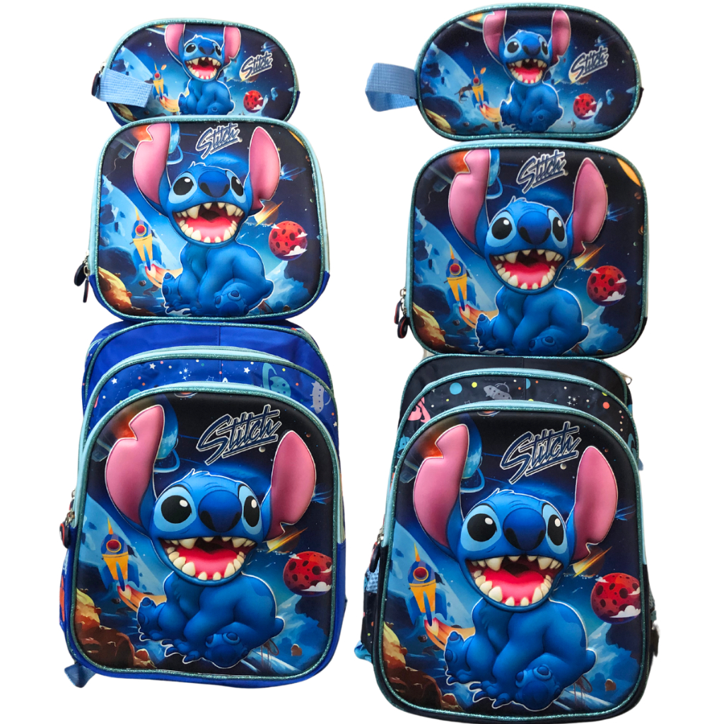 Kit Mochila De Costas Escolar Stitch Azul 3D Auto Relevo Lancheira ...