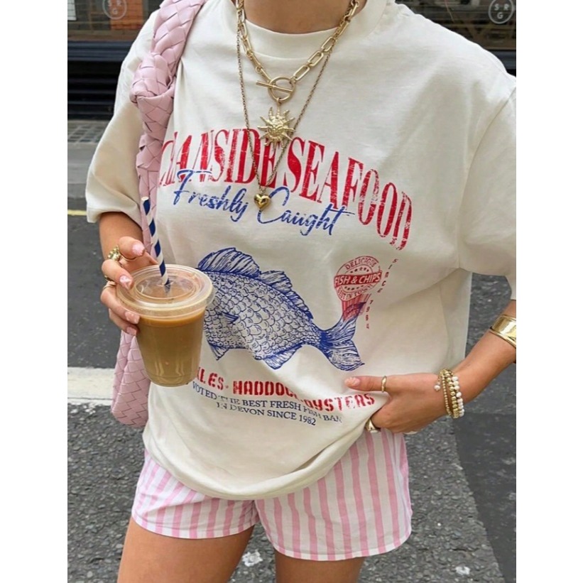 Camiseta Feminina Casual Estampada Gola Redonda Manga Curta Camisa ...