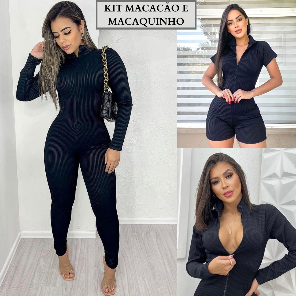 Kit Macacão e Macaquinho Canelado 3D Premium Virginia Curto E Longo Com ...