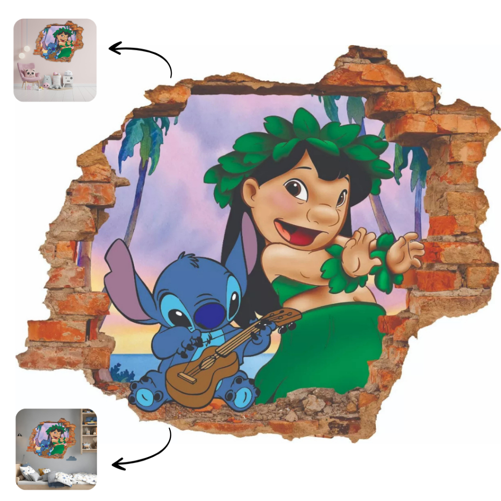 Adesivo Parede Stitch Lilo Decorativo Falso Buraco 3D Infantil Papel de ...