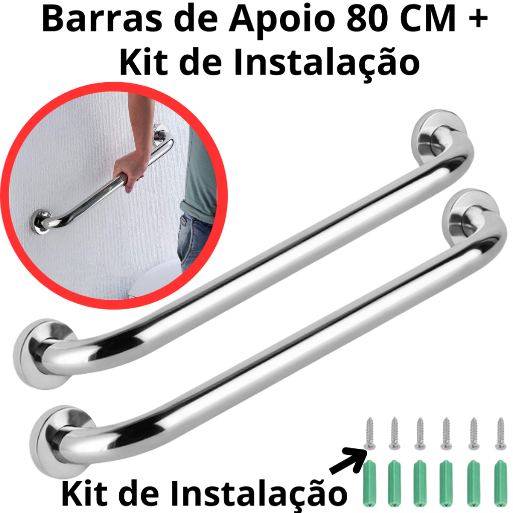 Kit Barras Alças de Apoio Suporte Para Parede Inox Corrimão Banheiro ...