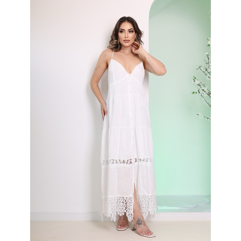 Vestido Longo de Alças com Detalhe em Renda | Shopee Brasil