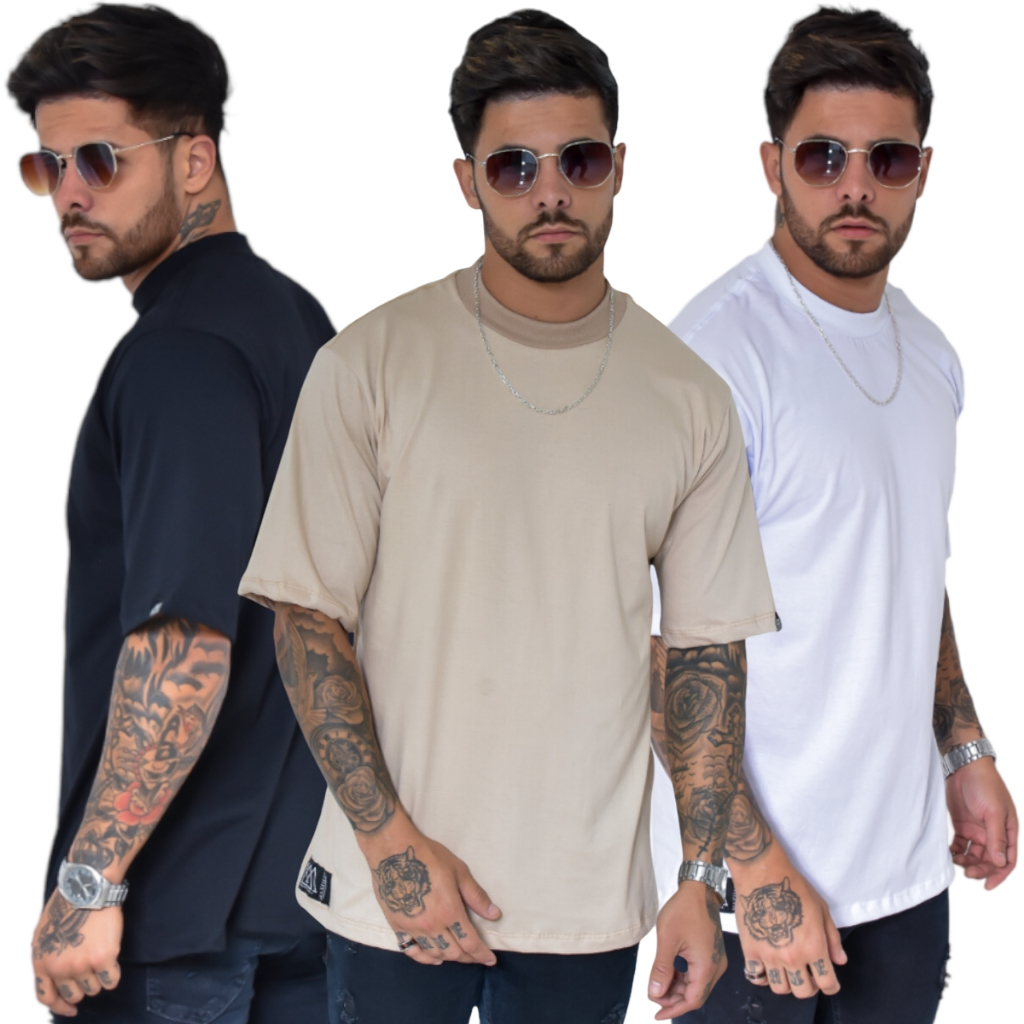 Kit 3 Camisetas Oversized Masculina 100% Algodão 30.1 Penteado Streetwear Cores Neutras Trap ...