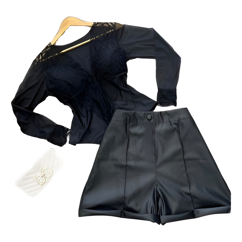 Conjunto Short Couro Fake + Body LUXO Manga Longa Tule Plus Size ...