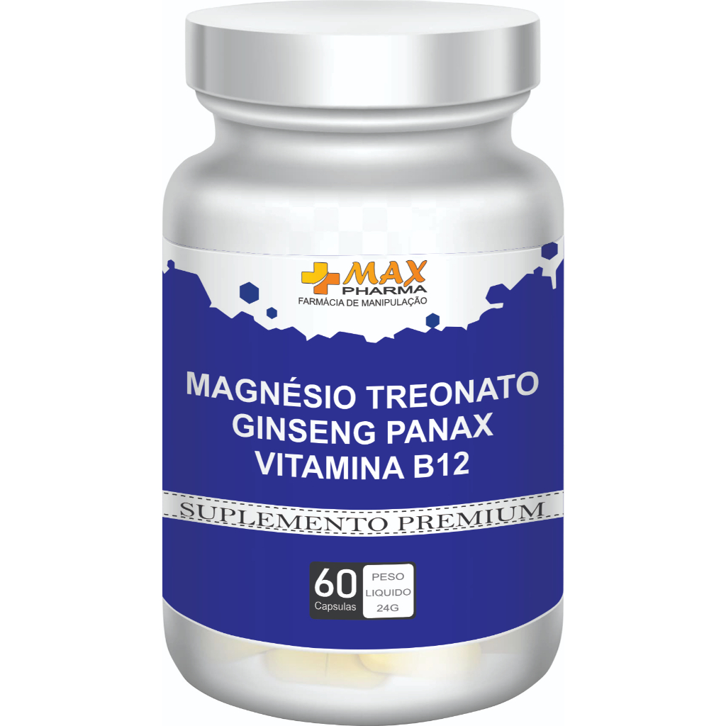 Magnésio Treonato 200mg + Ginseng Panax 100mg + Vitamina B12 Metilcobalamina 1000mcg -LINHA ...