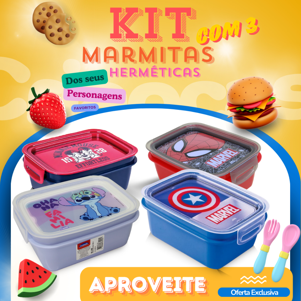 Kit 3 Marmitas Hermética para seu pequeno(a) Os Personagens que todo mundo ama! | Shopee Brasil