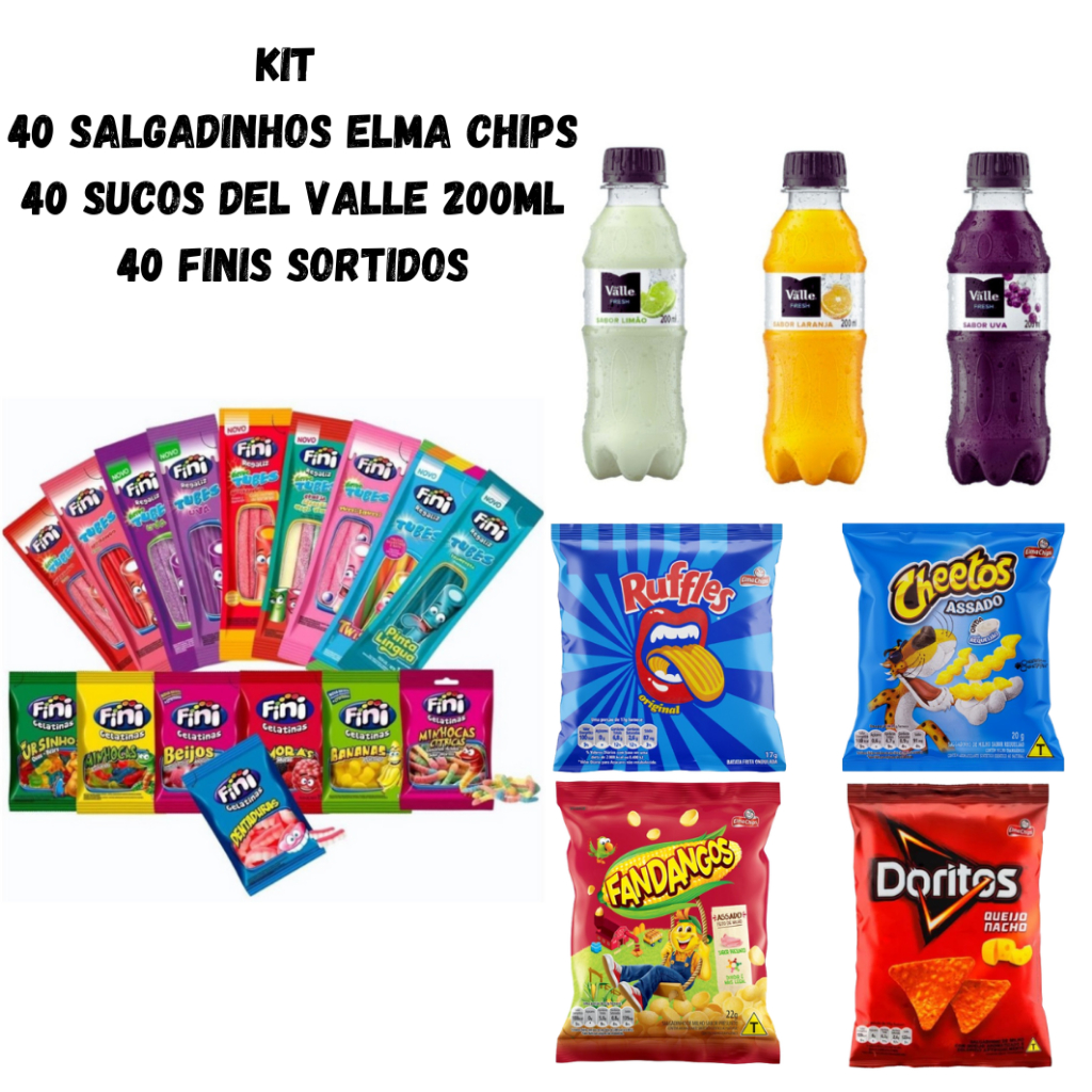 KIT 40 SALGADINHOS ELMA CHIPS + 40 SUCOS DEL VALLE + 40 FINIS | Shopee Brasil