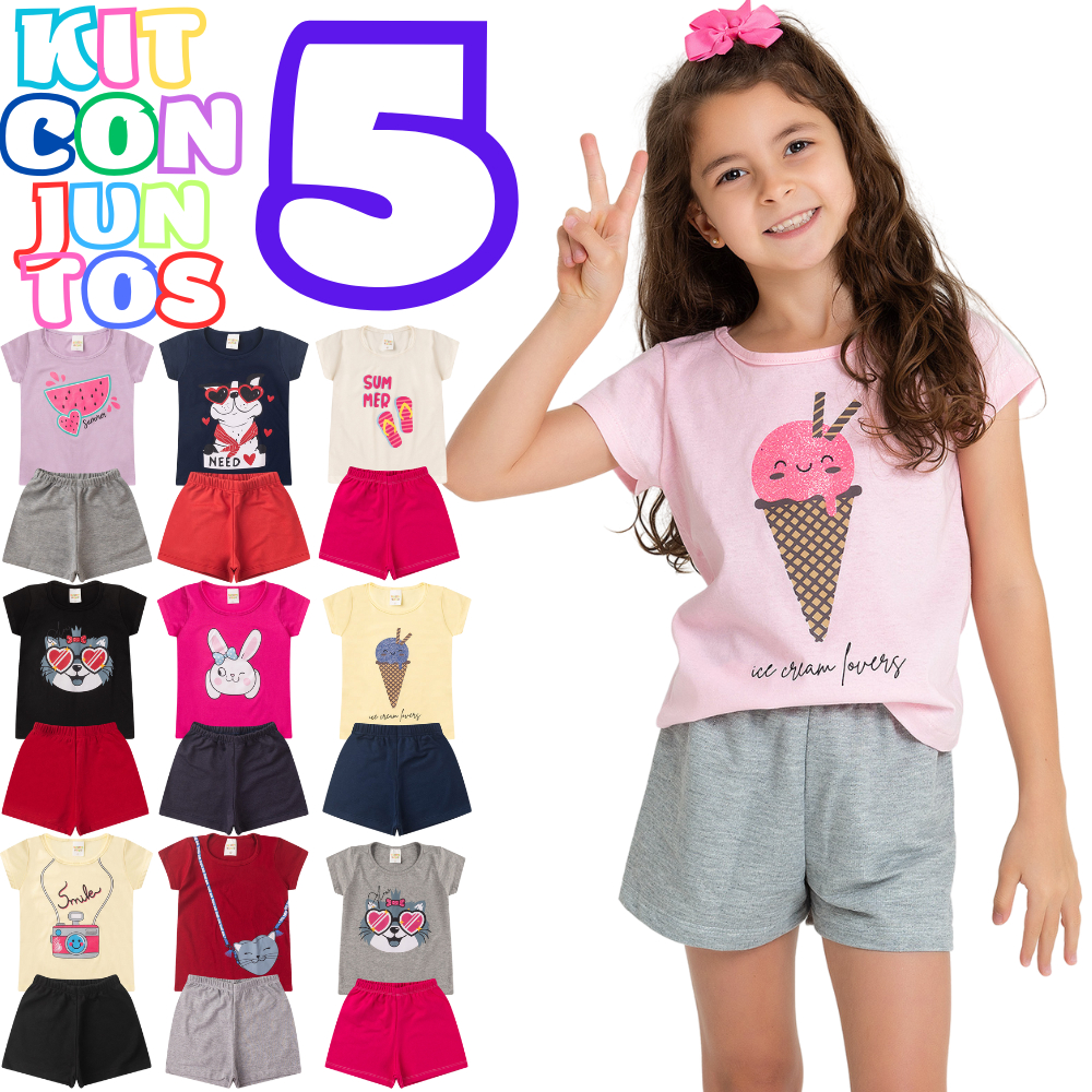 Kit 5 Conjuntos de Verão Infantil Juvenil Menina - 10 Peças 5 Blusas ...