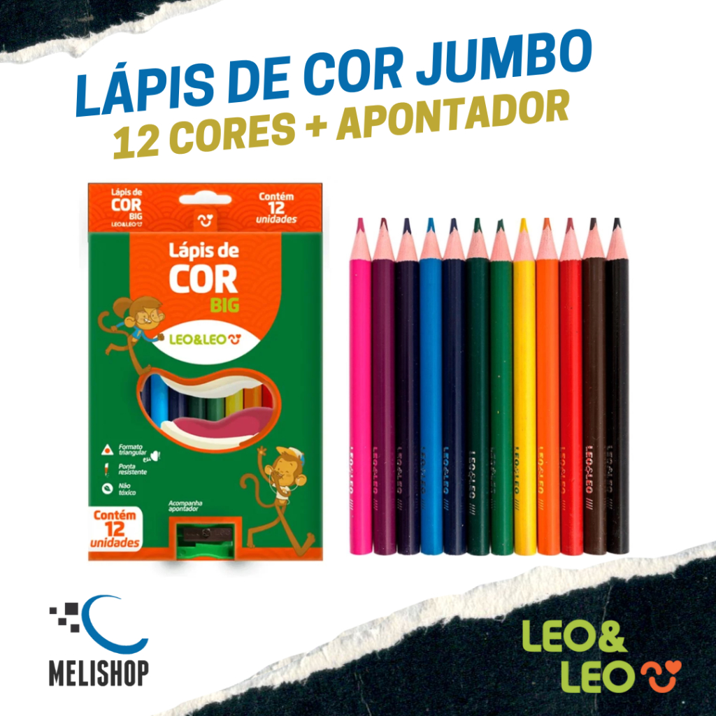 Lápis de Cor Big Jumbo 12 Cores Triangular com Apontador Leo e Leo ...