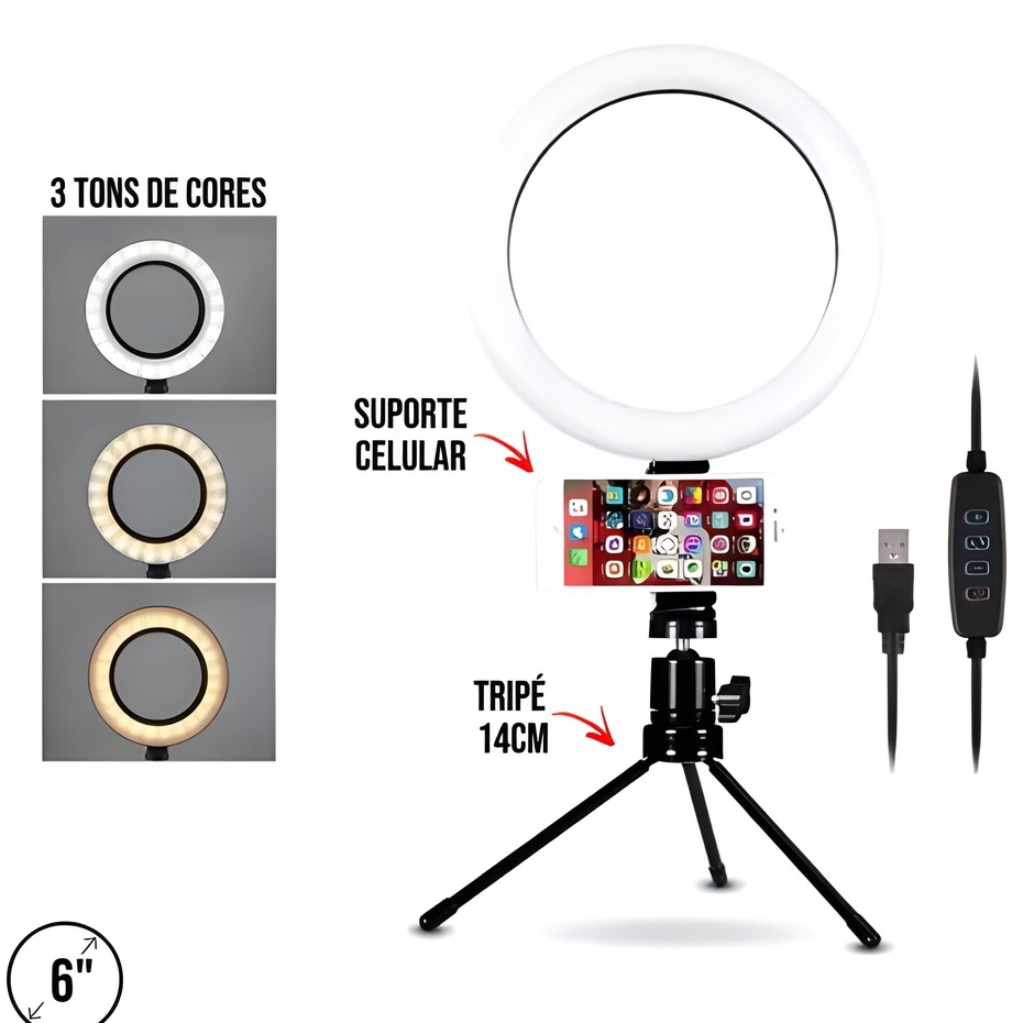 Ring Light 6 Polegadas Super Potente Usb Branco 3 Modos Branco Frio Neutro E Quente | Shopee Brasil