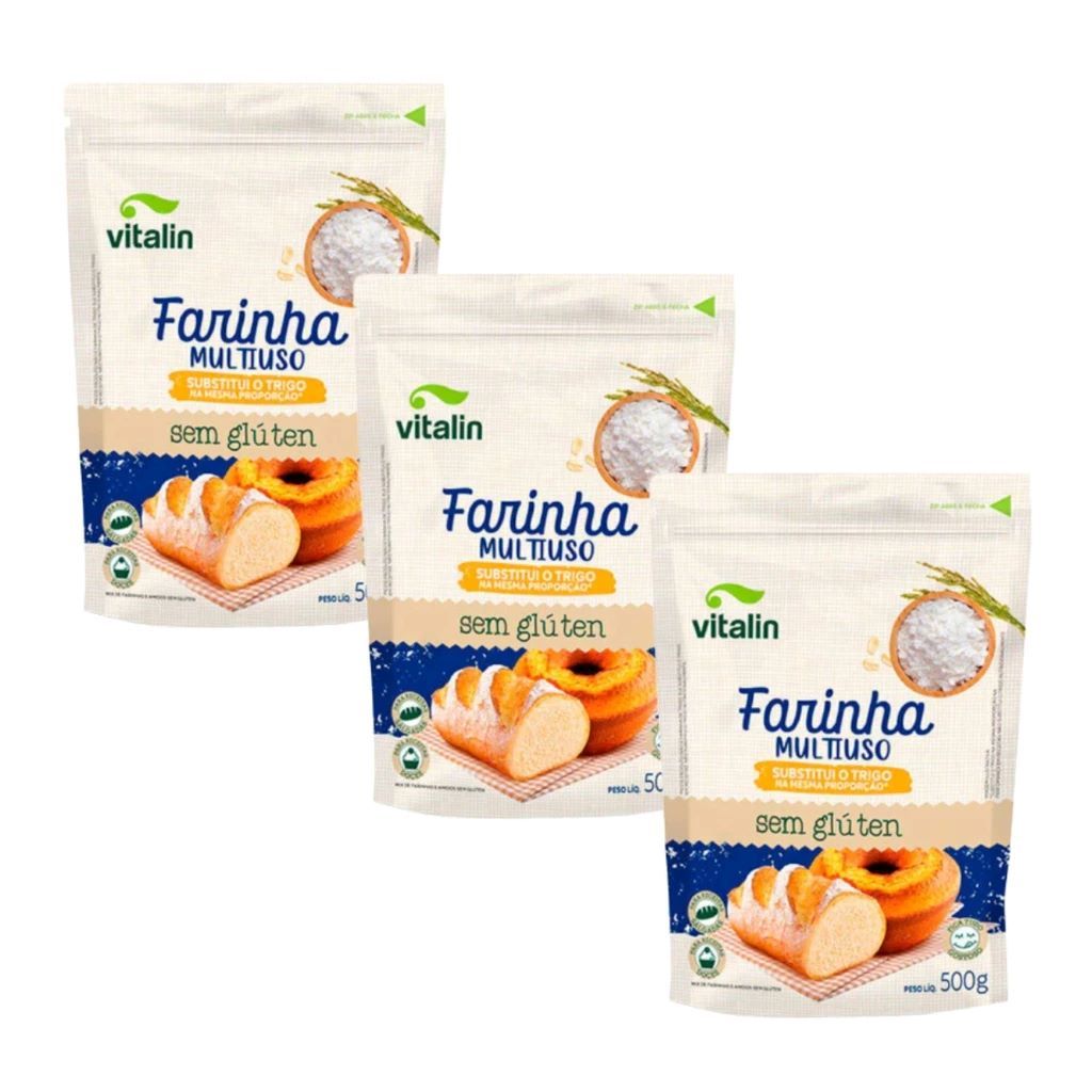 KIT 3 Farinha Multiuso sem glúten 500g vitalin | Shopee Brasil