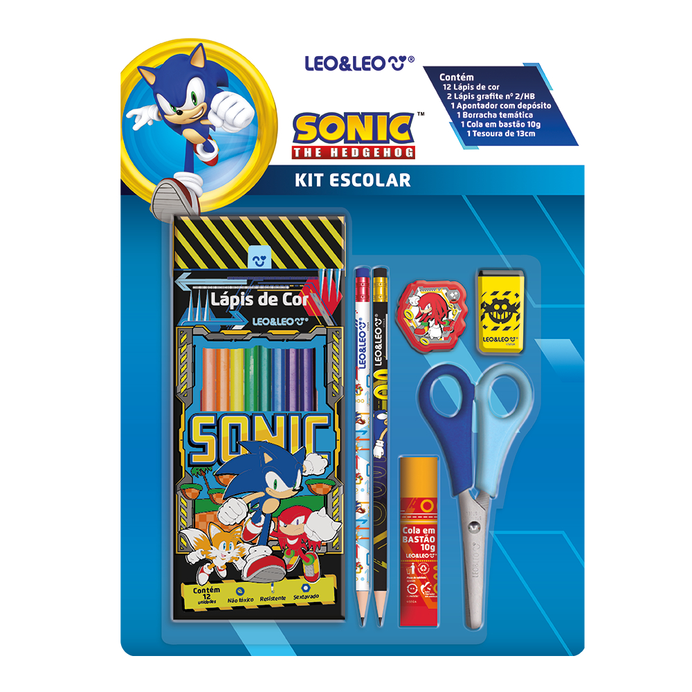 Kit Escolar Sonic Lápis de Cor + Borracha + Apontador + Tesoura + Cola ...