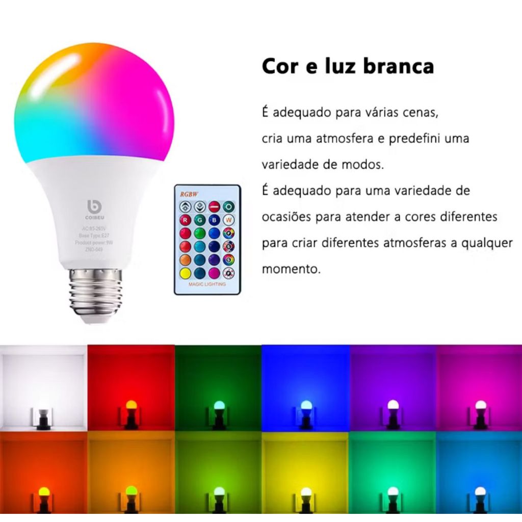 Lâmpada RGB Led Bulbo 16 Cores Controle Remoto E27 Festa Colorida 5W ...